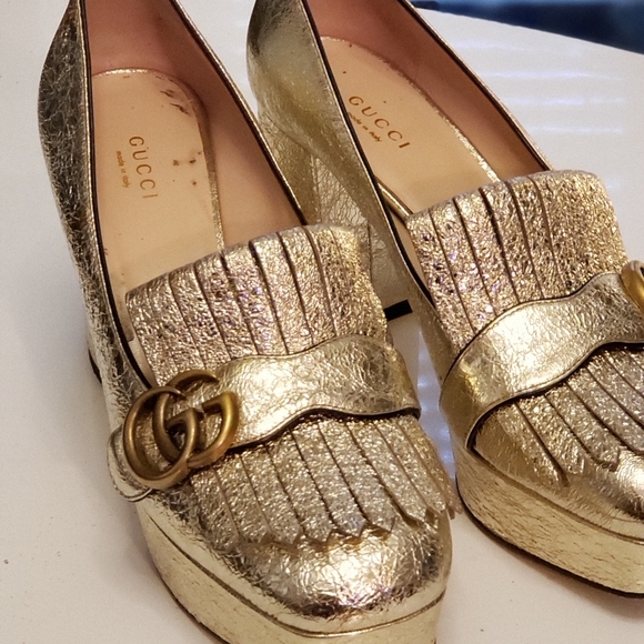 Gucci | Shoes | Soldnew Gucci Stack Heel Gold Loafer | Poshmark